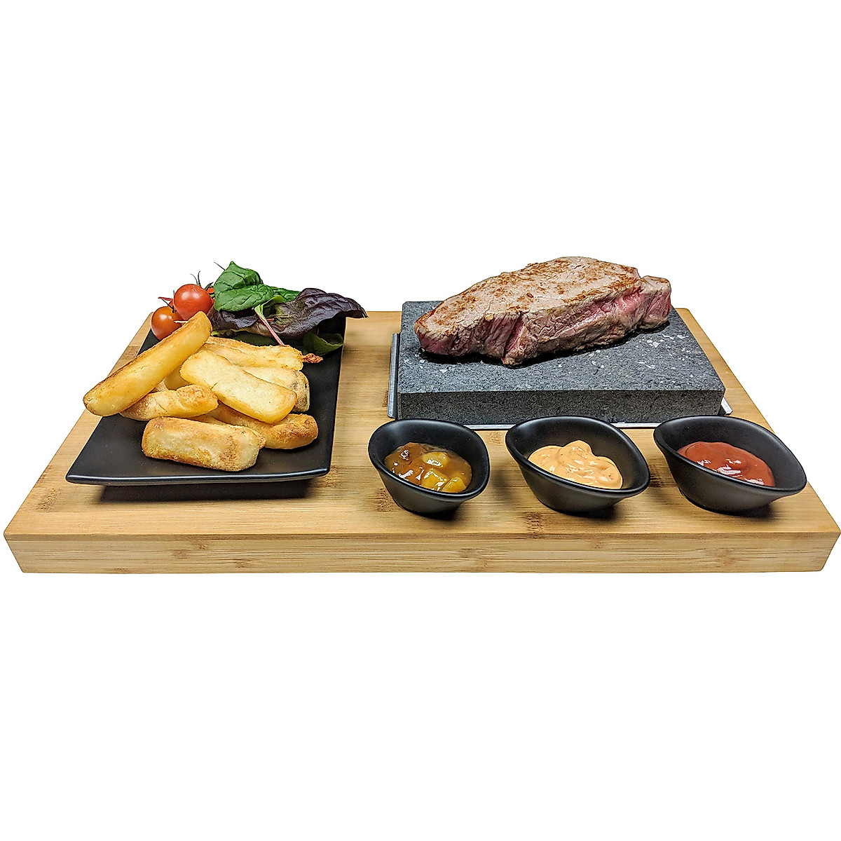 Black Rock Grill Steak Stone, Hot Stone Grill - Sizzling Hot Rock, Indoor Grill, Cooking Stone with Matt Black Ramekins and Side Plate (One Standard Set)