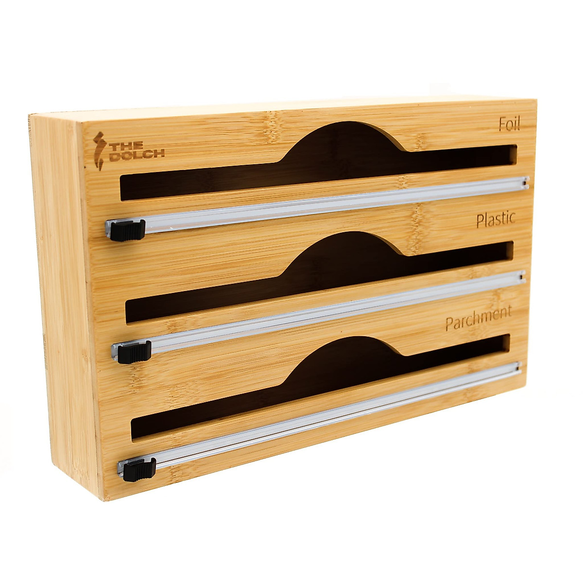 The Dolch 3 in 1 Wrap Dispenser with Cutter - Plastic Wrap Aluminum Foil and Wax Paper Organizer for Kitchen Drawer or Wall - Handy Bamboo Box for Storage - Holder Organizes Rolls -12" Roll Compatible