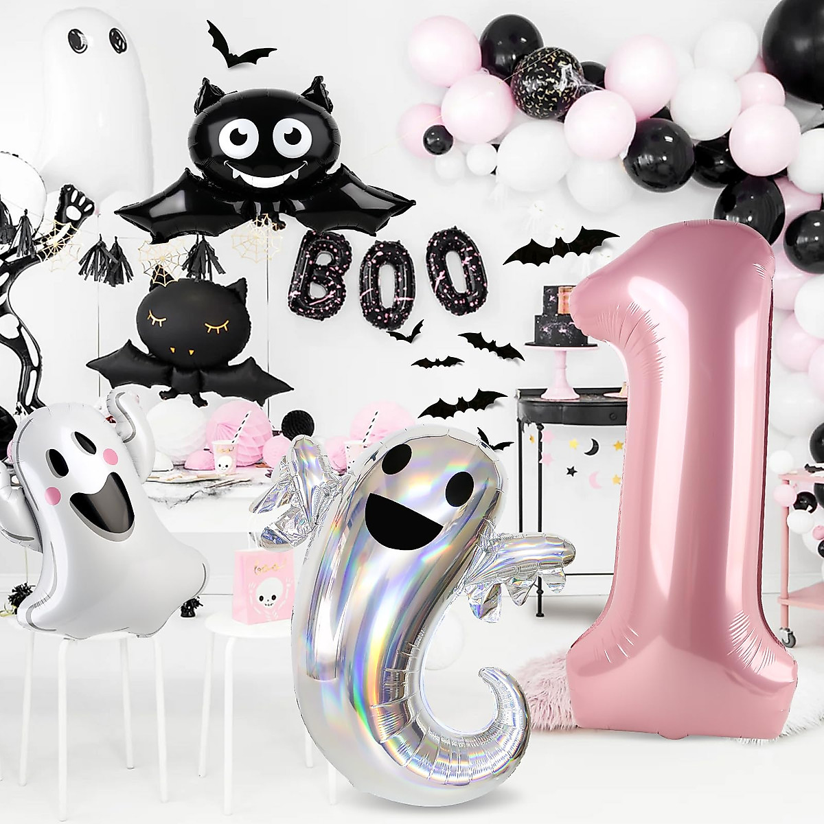 Dripykiaa 16Pcs Spooky One Balloon Set 40" Pink One Year Old Balloon Bouquet for First Birthday Bat Ghost Foil Helium Balloons Birthday Helloween Party Decorations Party Supplies Backdrops for Girl