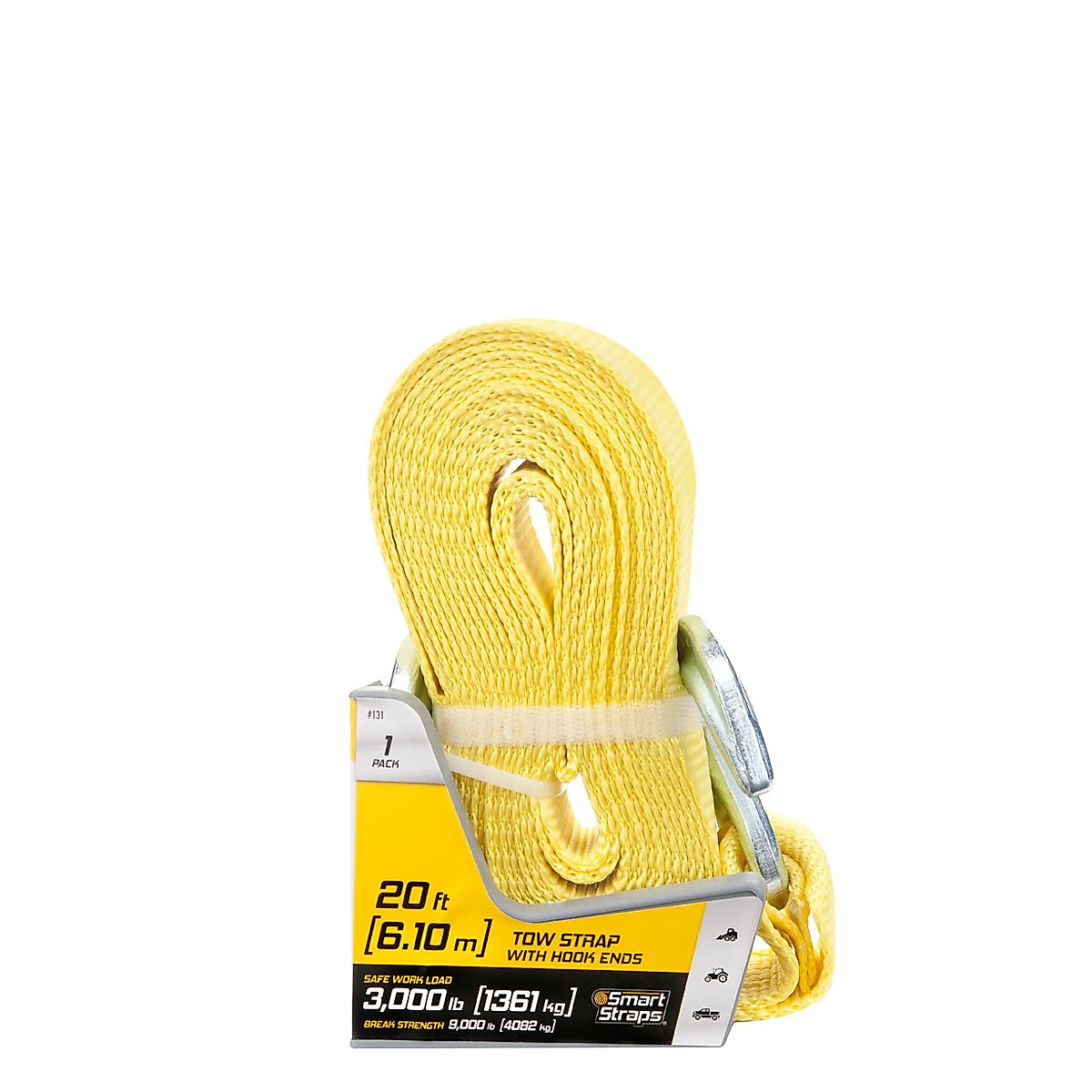 SmartStraps Tow Strap - 20ft YW Tow Strap w Hooks 1pk 10,000lb