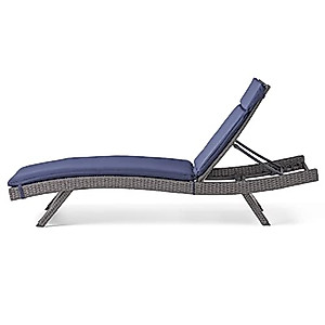 Christopher Knight Home Salem Outdoor Wicker Adjustable Chaise Lounge with Colored Cushions, 2-Pcs Set, Multibrown And Navy Blue