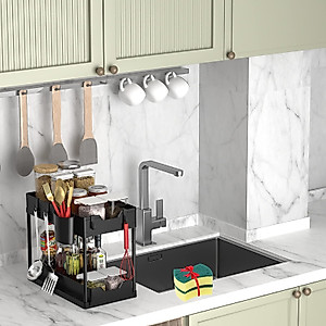 Jincancan Under Sink Organizer - Double Sliding Under Sink Organizers and Storage - 2 Tier Under Cabinet Organizer with 4 Hooks, Hanging Cup, Under Sink Storage for Kitchen