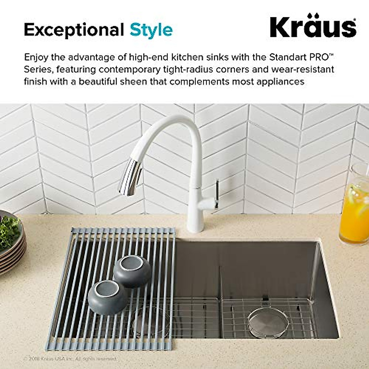 Kraus KHU103-32 Standart PRO 32 inch 16 Gauge Undermount 60/40 Stainless Steel Set (8 Item Bundle: Sink, Bottom Grid Assembly, Drain Cap x2, Kitchen Towel), 32, 50/40 Double Bowl, Silver