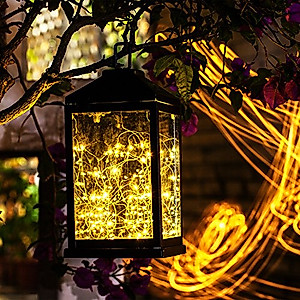 Solar Lantern Lights Metal Sunwind with 30 Warm White LEDs Fairy String Lights Outdoor Decorative Table Lamp (Black-11.4"H)