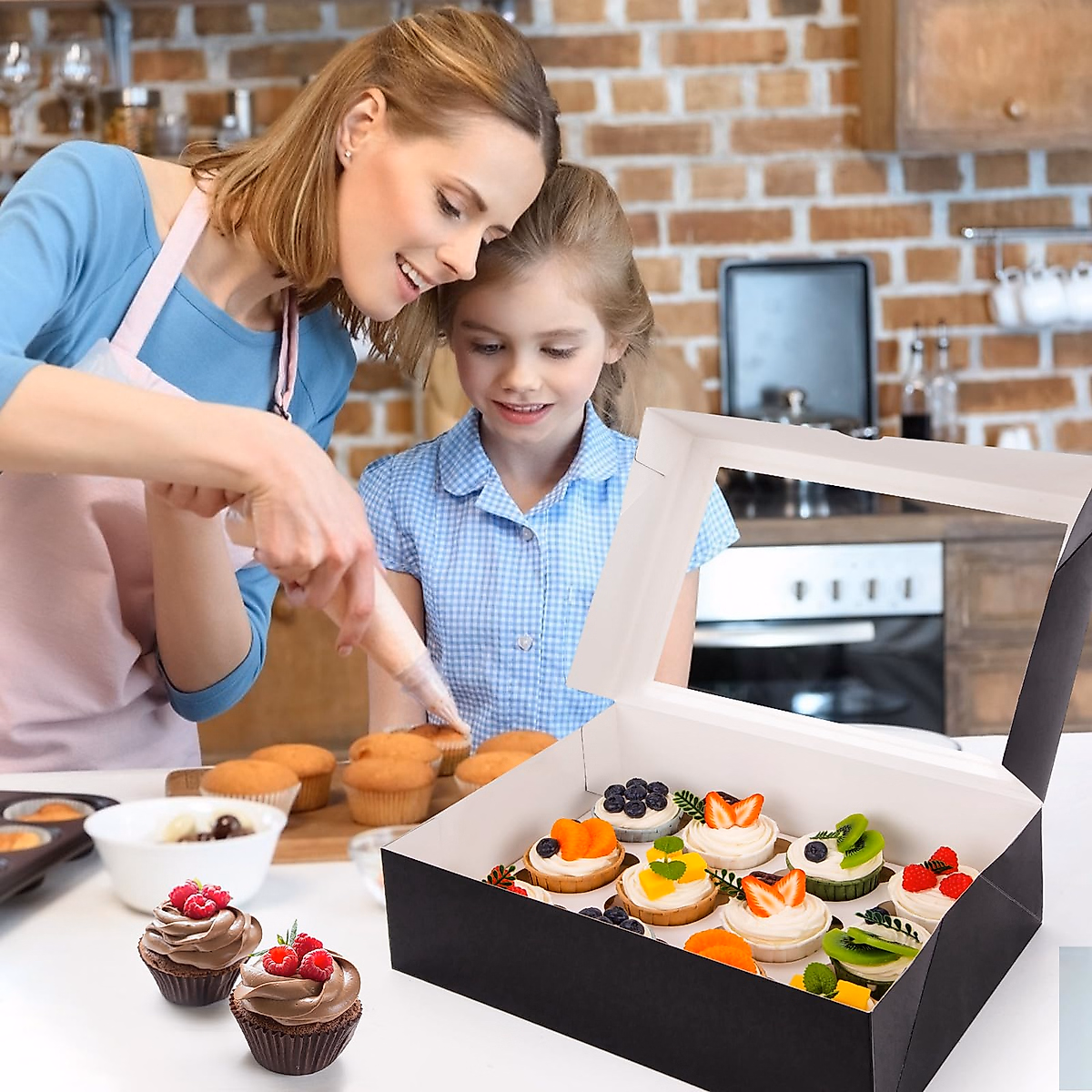 VGOODALL 6PCS Cupcake Containers with Window, Black Cupcake Holder with Insert Pastry Box 12 Count Holding 72 Cupcakes for Birthday Holiday Party Bakery Supplies