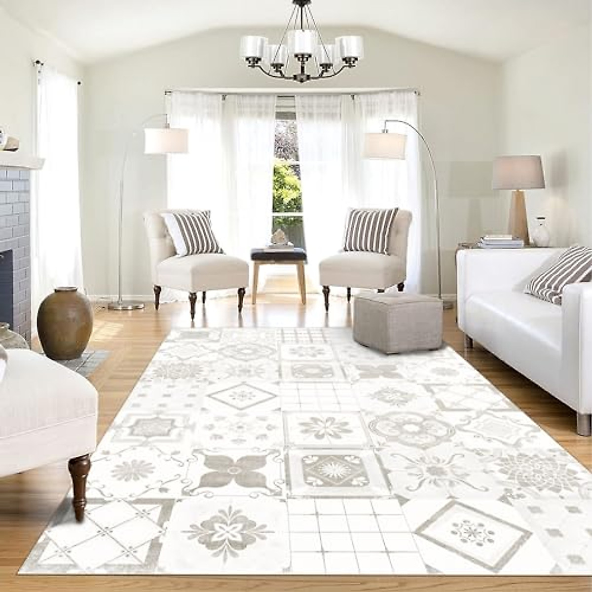 YUNHECHUHAI Natural Collection Area Rug, Thickened with Silicone-Backed Non-Slip Design, Odor-Free, Non-Shedding, Easy to Maintain. Ideal for Living, Dining, Bedroom(Geometry - Gray/White, 4x6ft)