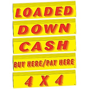 Versa Tags Windshield Slogan Stickers 12 Pack Each of Loaded, Down, Cash, Buy HERE Pay HERE, 4X4 (60) Window Stickers Total Dealership Stickers Red On Yellow