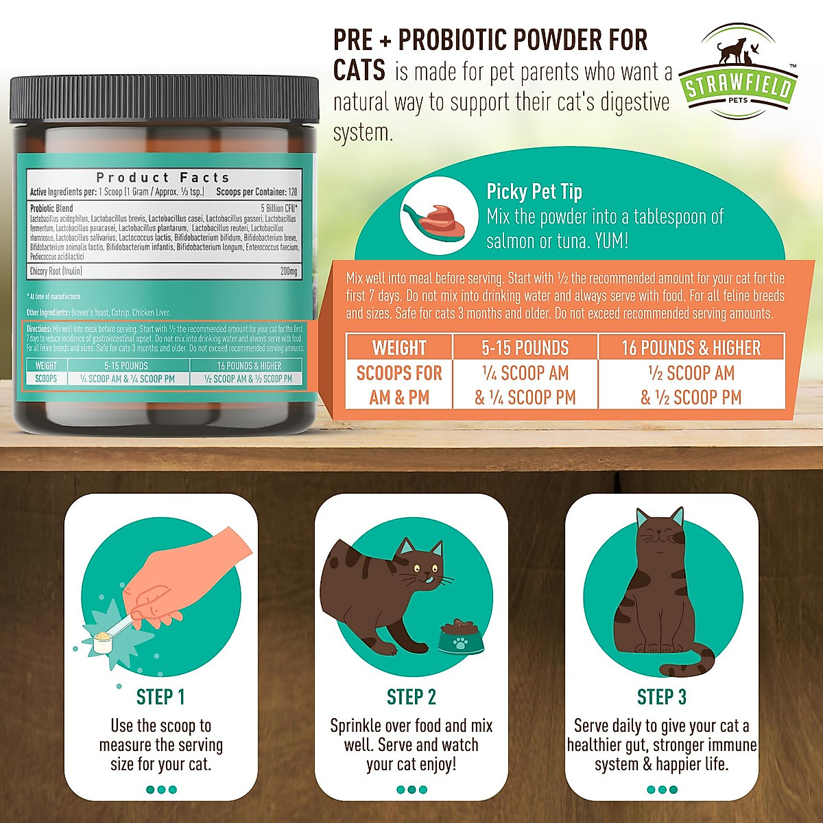 Strawfield Pets' Pre + Probiotic Powder for Cats with Catnip Probiotic for Cats Diarrhea Relief Supplement Natural Chicken Liver Flavor 120 Grams / 120 Scoops