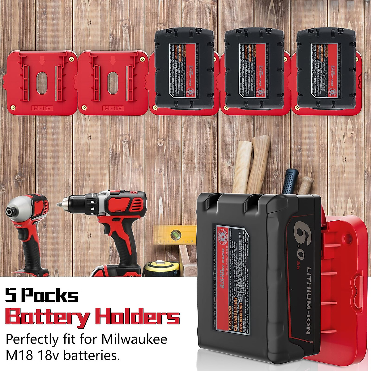 TAIRDA 10Packs Battery Holder Tool Holder, 5 Packs Battery Holder for Milwaukee M18 18v Battery, 5 Packs Tool Holder Wall Mount for Milwaukee M18 18v Tools
