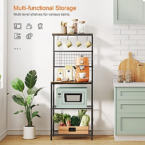 Gewudraw Kitchen Bakers Rack, Microwave Stand 4 Tiers, Kitchen Storage Rack with 4 Hooks - Rustic Brown (No Power Outlets)