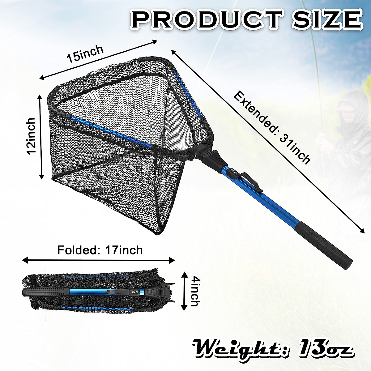 Fishing Landing Net with Telescoping Pole Long Handle Foldable Collapsible Rubber Floating Fishing Net Telescopic Extendable Fishing Net for Kayak Saltwater Freshwater Fishing (Blue, Single)