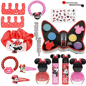 Townley Girl Disney Minnie Mouse Zipper Cosmetic Train Case With Lip Gloss, Lip Balm, Hair Clips, Nail Stickers, Scrunchie and More, Ages 3+, for Parties, Sleepovers and Makeovers