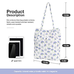 LHMTQVK Corduroy Tote Bags for Women, Large Capacity Corduroy Bag Reusable Grocery Shoulder Bag with Inner Pockets(Forget Me Not)