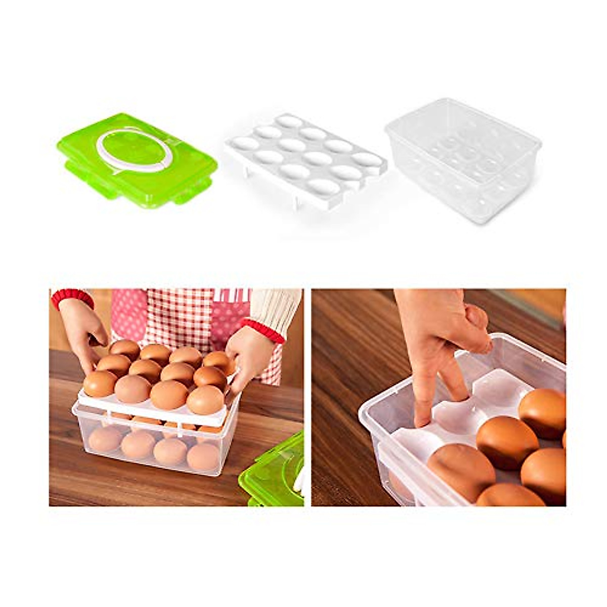HOTUMN 2 Tiers Deviled Egg Containers with Lid & Holder Plastic Egg Holders Clear Egg Tray Egg Carrier Fridge Freezer Food Storage (Green) 24 eggs