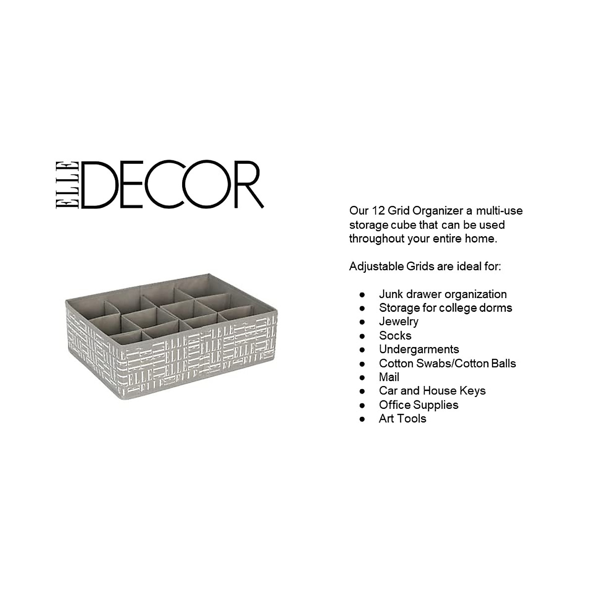 Elle Decor Heavy Duty-Adjustable 12 Grid Dresser Drawer and Closet Organizer- Ideal for Bedroom and Living Room- Storage Cube for Clothes and Accessories