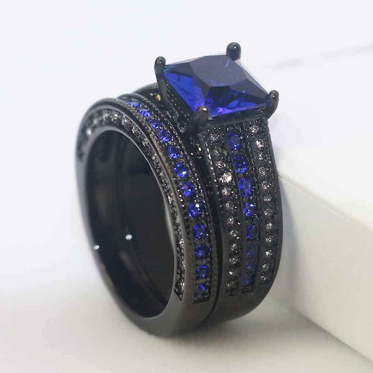 ringheart 2 Rings Luxury Couple Rings Black Gold Filled Princess Cut Blue Cz Womens Wedding Ring Sets Man Tungsten Wedding Band (Please Buy Two Rings for one Pair)