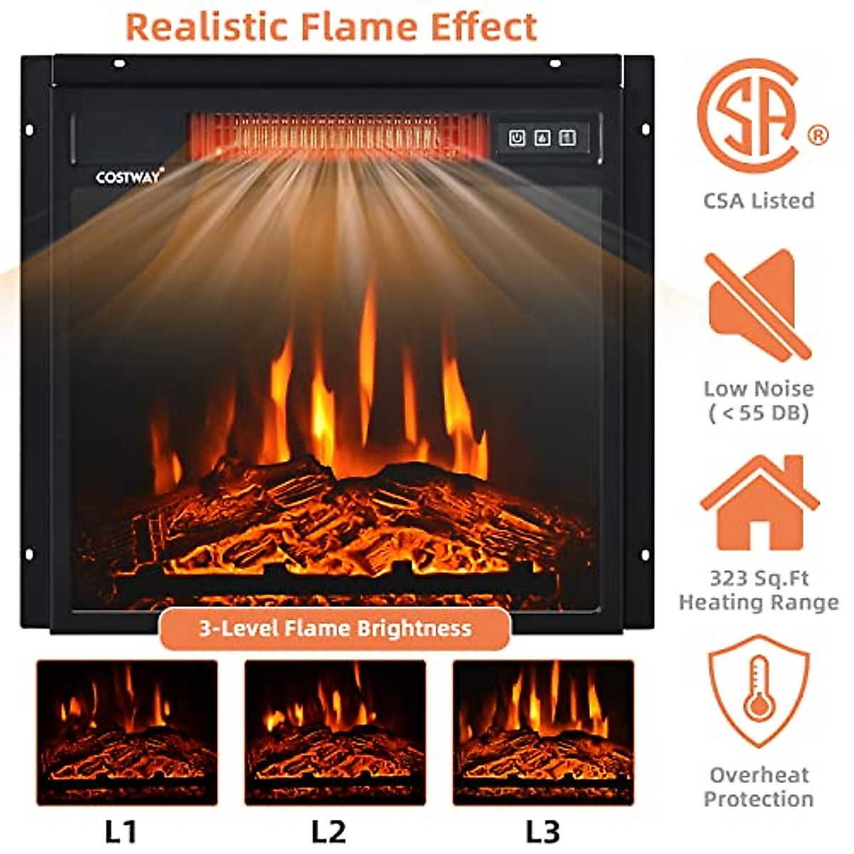 COSTWAY 32-inch Electric Fireplace with Mantel, Adjustable Freestanding Heater with Remote Control, Shelf, 3D Flame Brightness, Overheat Protection, Mantel Fireplace for Living Room, 1400W (White)