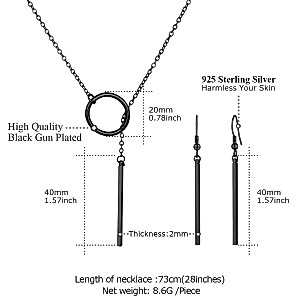 FOCALOOK Black Necklace Earrings Set for Women Long Black Lariat Chain with Drop Vertical Bar Earrings Jewelry Set
