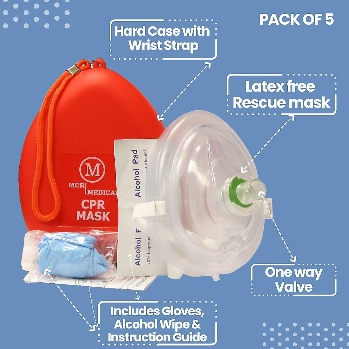 MCR Medical Pack of 5 CPR Rescue Mask, Adult/Child Pocket Resuscitators, Hard Case with Wrist Strap