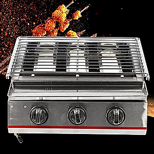 BBQ Portable Tabletop Gas Grill,3 Head Burner Stainless Steel Grill Outdoor,Smoke Free Stove Adjustable height LPG BBQ Grill Cooker,Indoor Best for Backyard Buffet Gourmet Kit