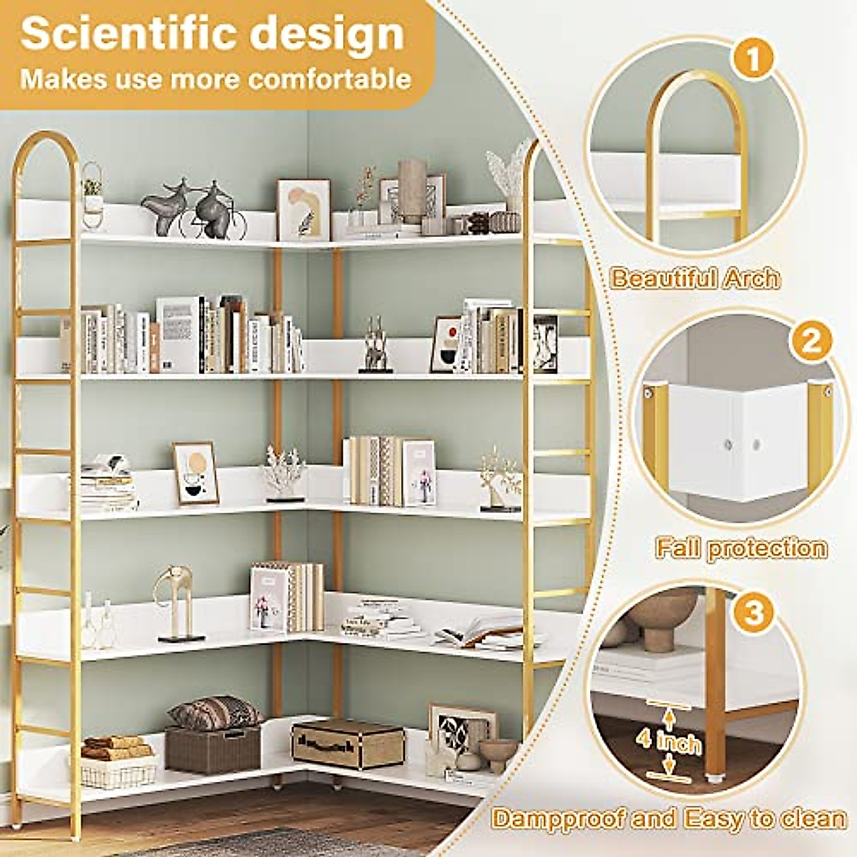 5-Tier Gold Bookcase, L-Shape Corner Bookshelf White & Gold, Modern Display Shelf Book Shelves with Adjustable Foot, Freestanding Storage Shelves for Home Office Use