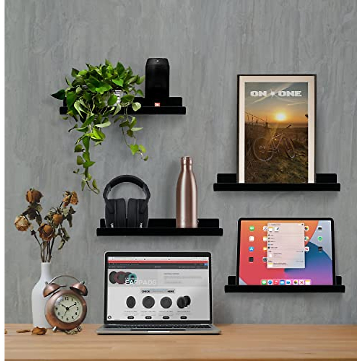 BRAINWAVZ 2-Pack 15" Floating Acrylic Wall Shelf for Speakers, Books, Decor, Plants, Cameras, Photos, Kitchen, Bathroom, Routers & More Universal Small Holder Shelves (Black)