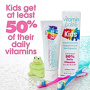 Vitaminpaste Kids Toothpaste with Daily Multivitamins B3, B5, B6, D, E, Xylitol, Calcium, Fluoride Free, Fresh Breath, Fights Tarter, Anti-Cavity, Safe to Swallow, 4.1oz, Bubble Gum Flavor