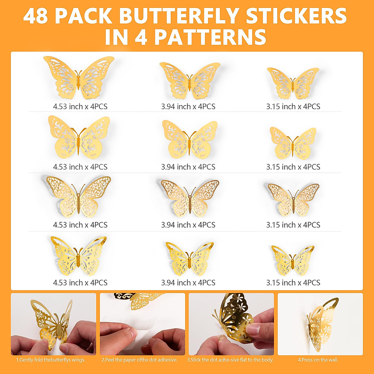 Crosize 48 Pcs Gold Butterfly Decorations, 4 Styles 3 Sizes, Butterfly Wall Decor, 3D Butterfly Party Decorations, Butterflies for Crafts, Bouquet, Cake Decorating, Flower Arrangements, Room Décor