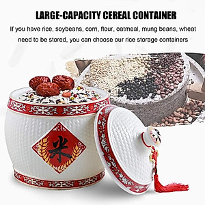 JIXDILO Chinese Ceramic Rice Bucket, Large Grain Dispenser, Food Storage Container with Lid, Sealed Rice Storage Jar for Noodles Rice Snacks(21x24cm(8x9inch), A)