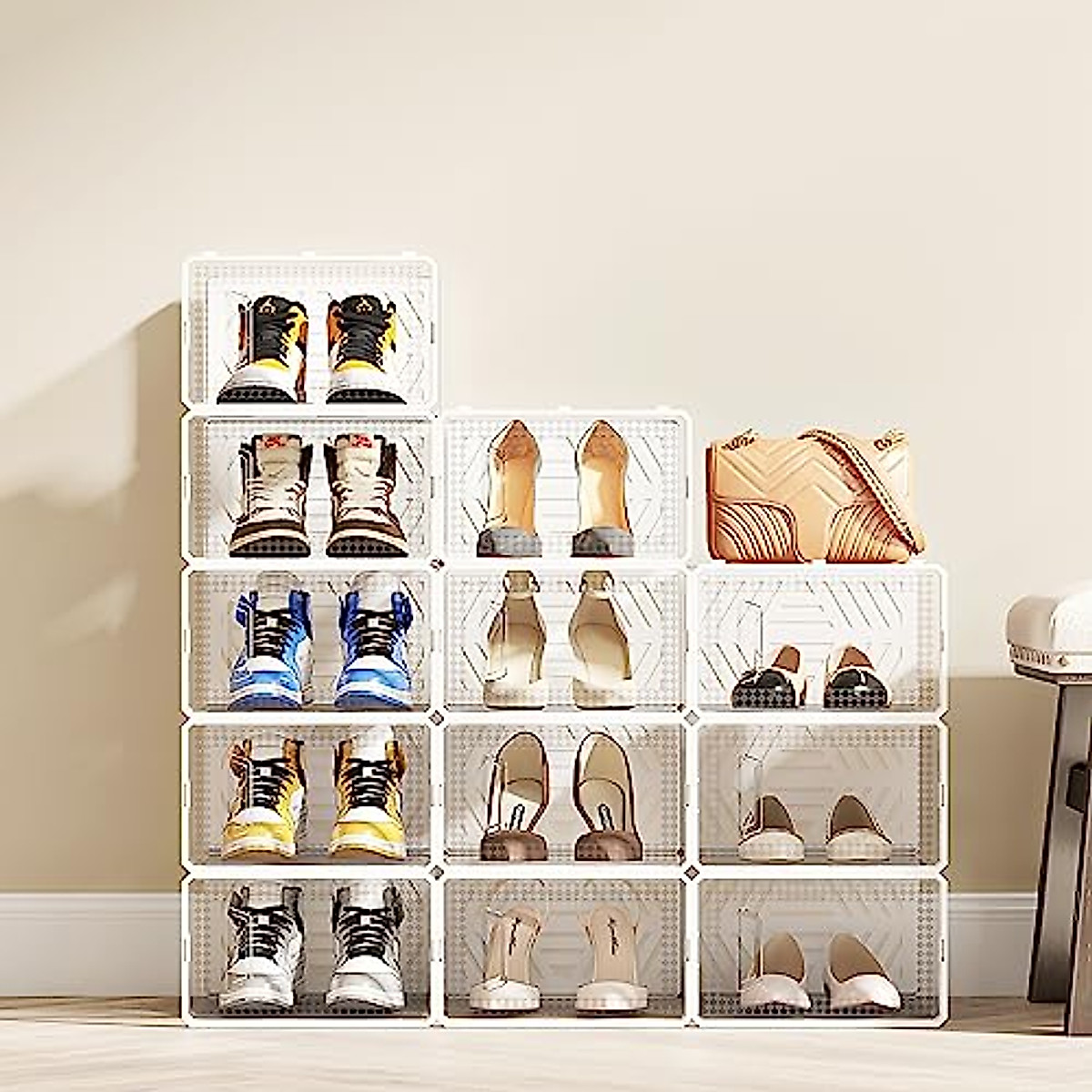 JOISCOPE 12 Pack Shoe Storage Boxes, Fit up to US Size 10, Clear PP Plastic Stackable Shoe Organizer for Closet, Space Saving Foldable Shoe Container Bins, for Entryway, White