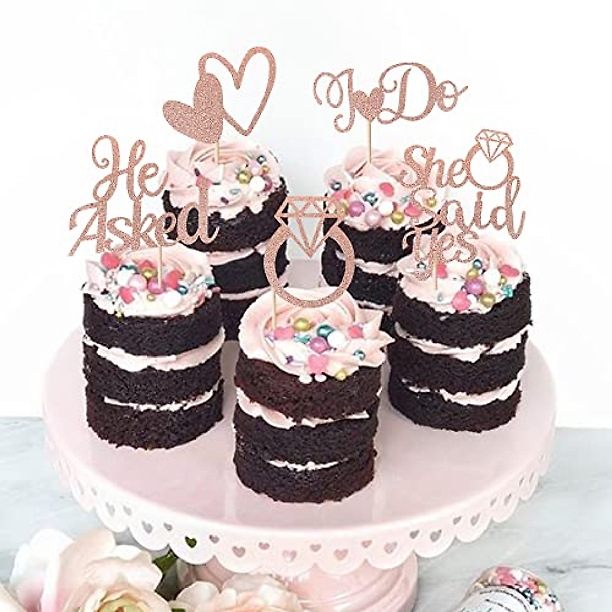 30 Pack He Asked She Said Yes Cupcake Toppers Glitter Heart Ring I do Cupcake Picks Bridal Shower Cake Decorations for Wedding Engagement Theme Party Supplies Rose Gold