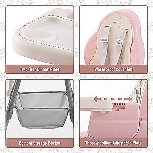High Chairs for Babies and Toddlers, Portable 3 in 1 High Chair, Adjustable Convertible Compact Infant Baby Feeding Chair Booster with Detachable Double Tray, 5 Point Harness, Foot Rest Pink