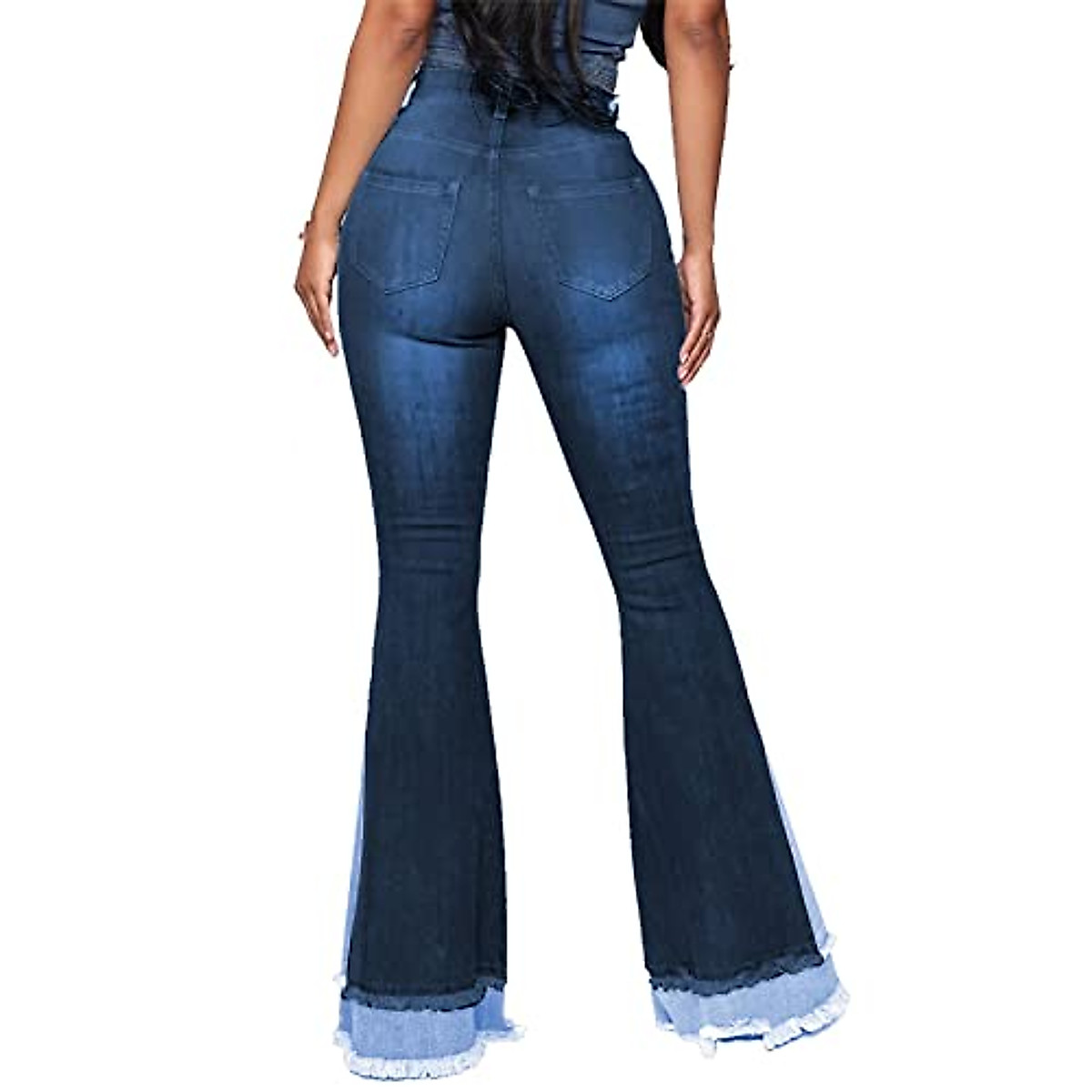 Maiyifu-GJ Women's Patchwork Ripped Flare Jeans Retro High Waisted Bell Bottom Denim Pants Destroyed Raw Hem Jean Trousers (Dark Blue,3X-Large)