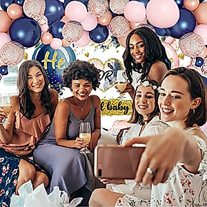 Gender Reveal Decorations Navy Blue and Blush Gender Reveal Backdrop ,He or She Gender Reveal Tablecloth, Navy Blue and Rose Gold Gender Reveal Balloons Garland Kit for Baby Shower Party Supplies