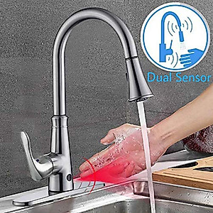 Touchless Kitchen Faucet with Pull Down Spray Head, Two Sensors Single Handle High Arc 2-Function Kitchen Sink Faucets with Pull Out Sprayer, 1&4 Hole Deck Mount, Brushed Nickel PVD,KNACK