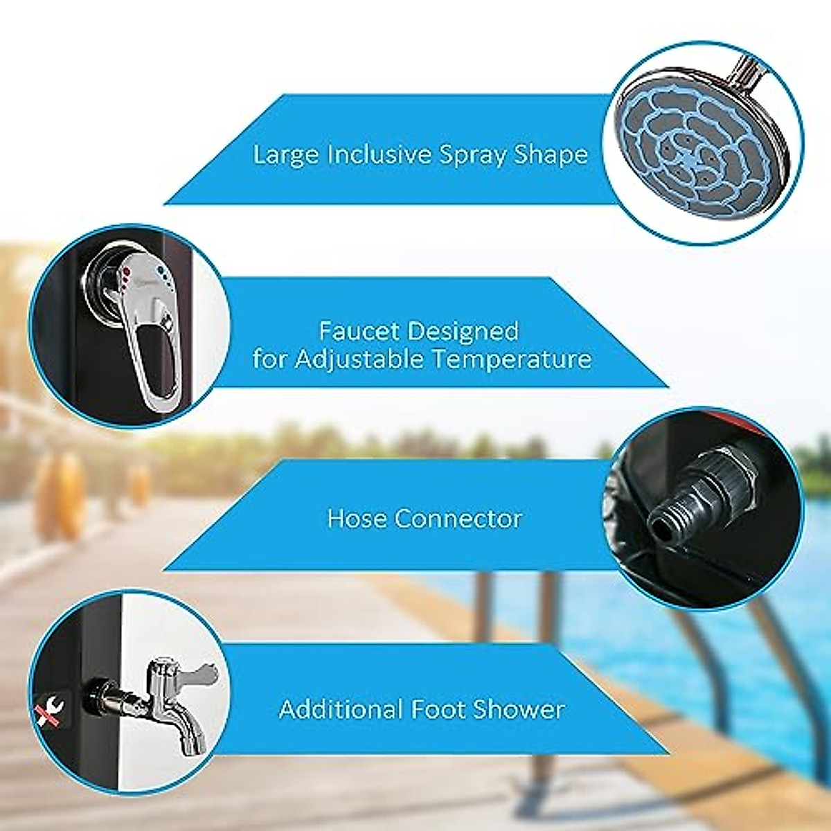 Outsunny 7ft Outdoor Solar Heated Shower with 360 Rotating Shower Head, Foot Shower Faucet, Temperature and Pressure Adjustable, Holds 9.2 Gallons for Backyard Pool