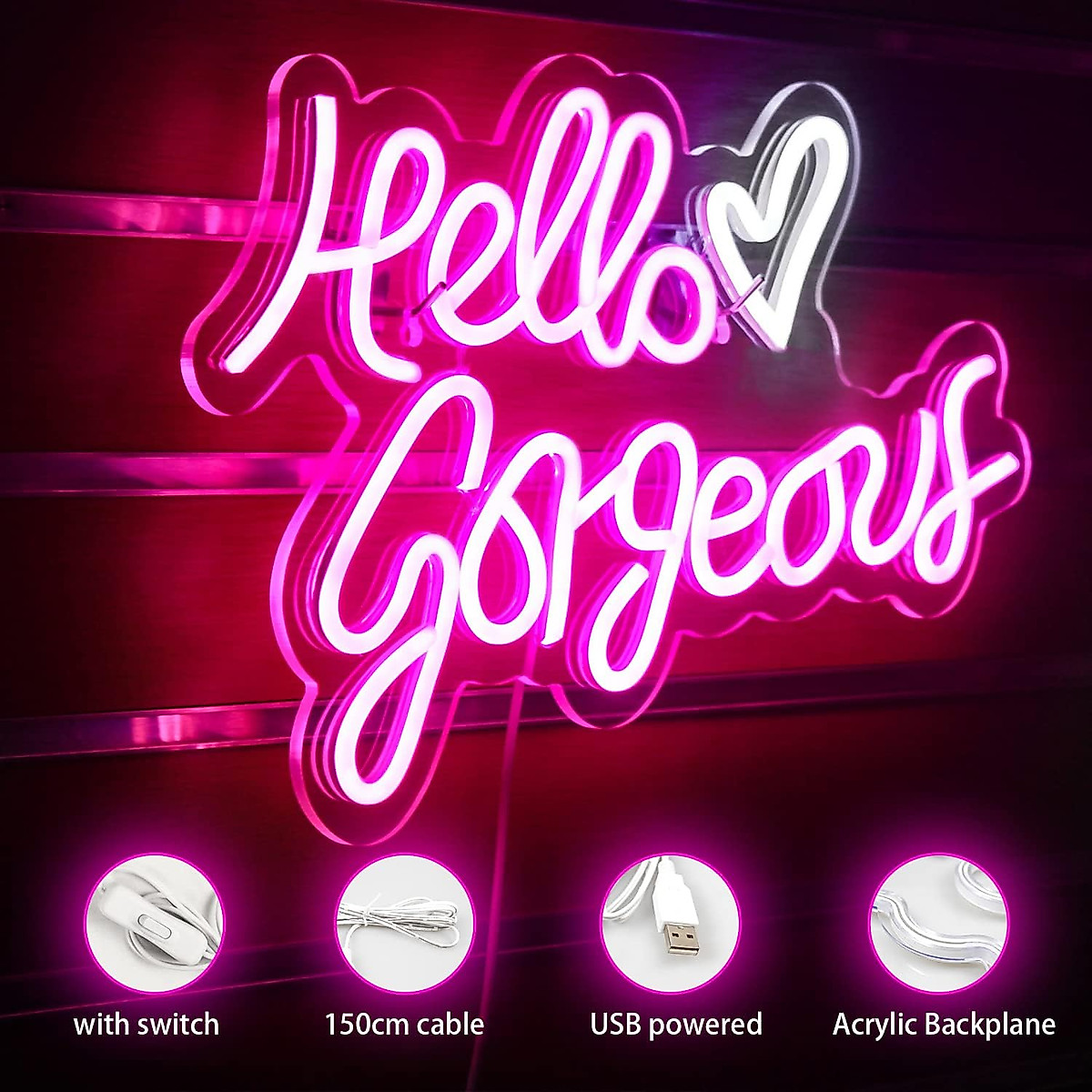 ineonlife Pink Hello Gorgeous Neon Signs, LED Light Up Sign for Cute Girls Bedroom Room Wall Decor for Bachelorette Birthday Engagement Party Wedding Decoration with Switch (16.5"X10" / USB POWER) (Pink)