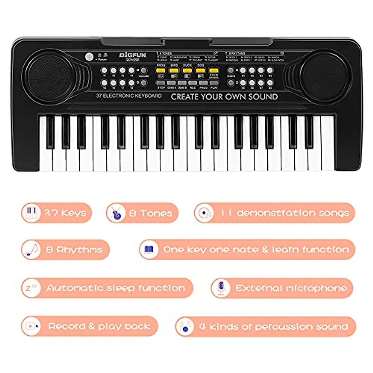 Raimy 37 Keys Piano Keyboard for Kids, Portable Keyboard Piano Early Learning Educational Electronic Musical Instrument Toys Gifts for 3 4 5 6 7 8 9 Year Old Boys and Girls (Black)