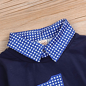 Baby Boy First Birthday Clothes Plaid Stand Collar Long Sleeve Romper Jumpsuit Cake Smash Outfit (Navy Blue, 15 Months)