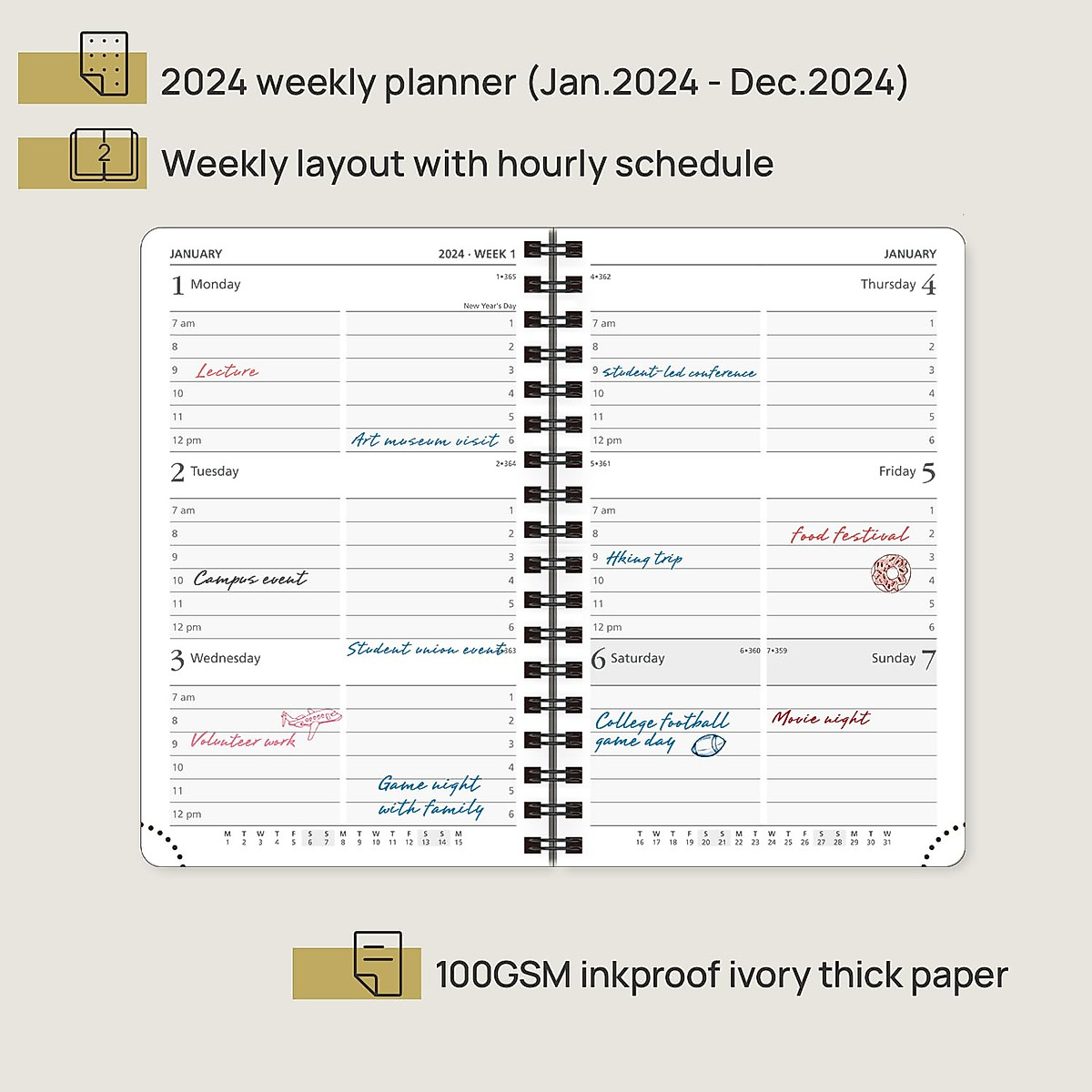 POPRUN 2024 Weekly Planner Spiral Bound - Hourly Schedule & Vertical Weekly Layout - 2024 Planner for Time Management,6.5" x 8.5"- Monthly Tabs, Pen Holder, Leather Soft Cover - Pacific Green