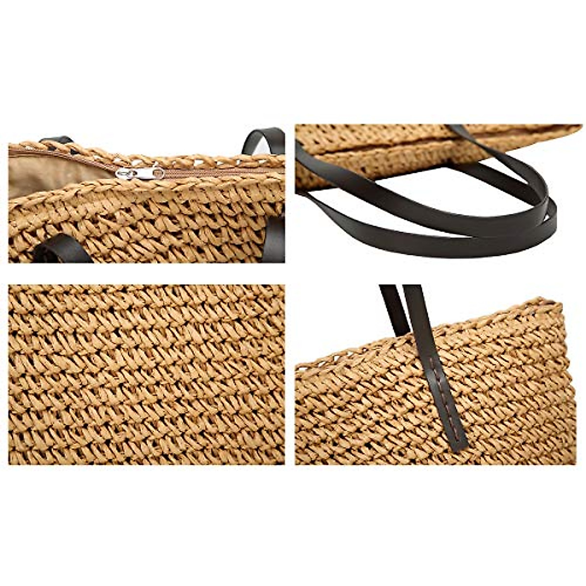 Straw Bag Round Summer Straw Large Woven Beach Bag Purse For Women Vocation Tote Handbags With Pom Poms (Lightcoffee)