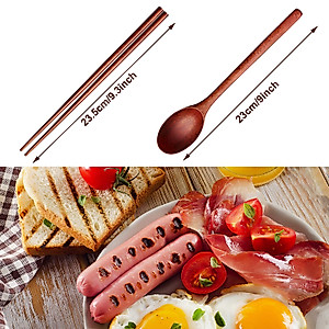 Wooden Spoon and Chopsticks Set Long Handle Spoon Chopstick Flatware Reusable Tableware Combination Utensils for Eating Food, 9.3 Inch (12)
