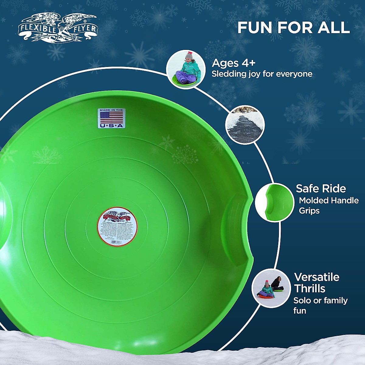 Flexible Flyer Flying Saucer 26 Inch Round Plastic Sled Snow Toy, 1 Person Winter Sled with Hand Grips for Kids and Adults, Ages 4 Years and Up, Green