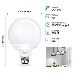 G25 LED Vanity Light Bulbs, 100W LED Globe Bulb Equivalent, 9W LED Vanity Bulbs for Bathroom, 5000K Daylight White 900LM, E26 Base Round Makeup Mirror Bathroom Lights Bulb Décor Lighting, 4 Pack