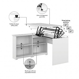 Bush Furniture Cabot 3 Position Sit to Stand Bookcase Corner Desk with Shelves, 52W, White