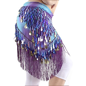 Lauthen.S Belly Dance Hip Scarf with Tassels Sequins, Triangle Coins Wrap Skirt Music Festival Clothing Purle