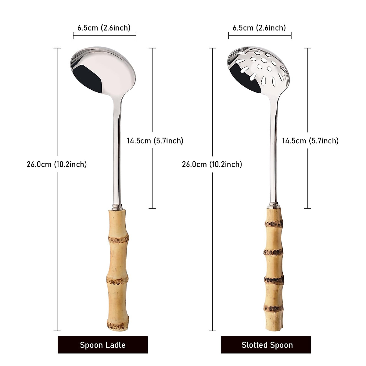 Uniturcky Soup Ladle and Slotted Spoon Set, 304 Stainless Steel Serving Utensils with Natural Bamboo Handle, Soup Spoons For Serving Gravy Hot Pot Or Restaurant, 10.2 Inch, 4 PCS / 2 of Each