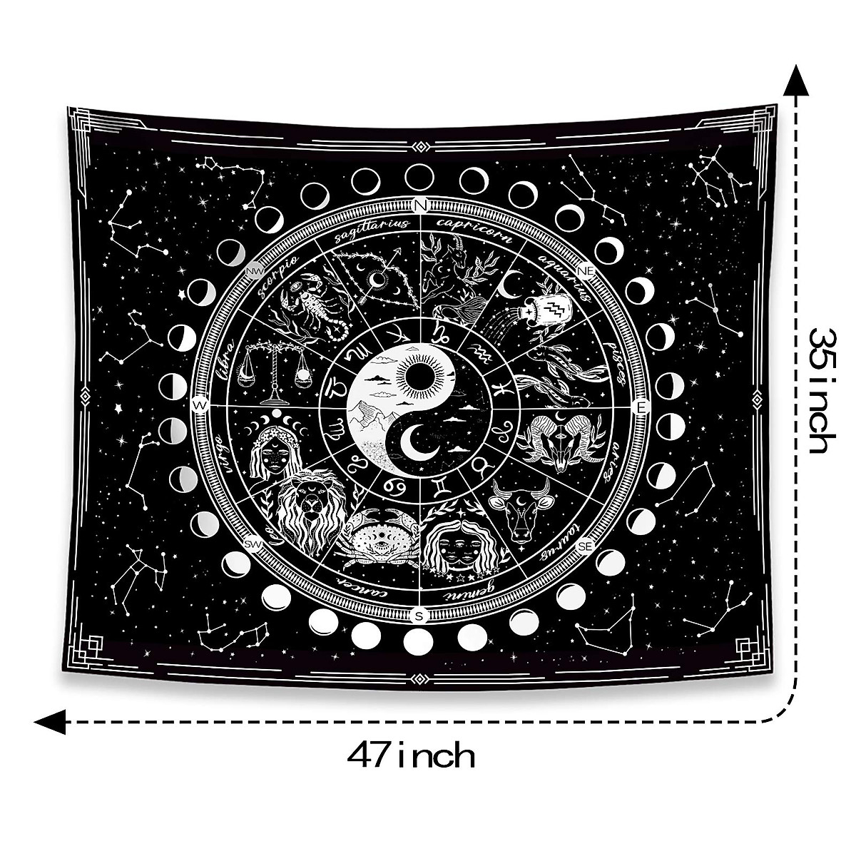 Kanuyee Twelve Constellation Tapestry,Black and White ，Sun and Moon ，Yin and Yang Tapestry Mystic Wall Hanging Tapestry for Home Decor (35"x47")