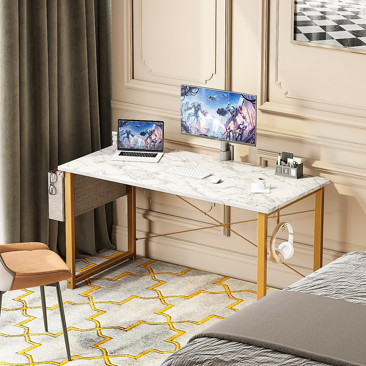 ODK Computer Desk Large Office Desk, 48 Inch Writing Desk with Storage, Modern PC Desk Work Table with Headphone Hook for Home Office, White Marble + Gold Leg