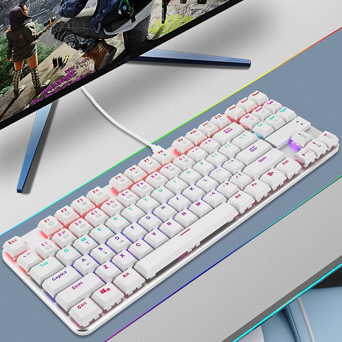 chuangquan Z-66 Mechanical Keyboard, Blue Switches, Wired Gaming Keyboard, Rainbow LED Backlit, USB Type-C Cable, Compact 87Keys, for Windows PC Laprop Mac
